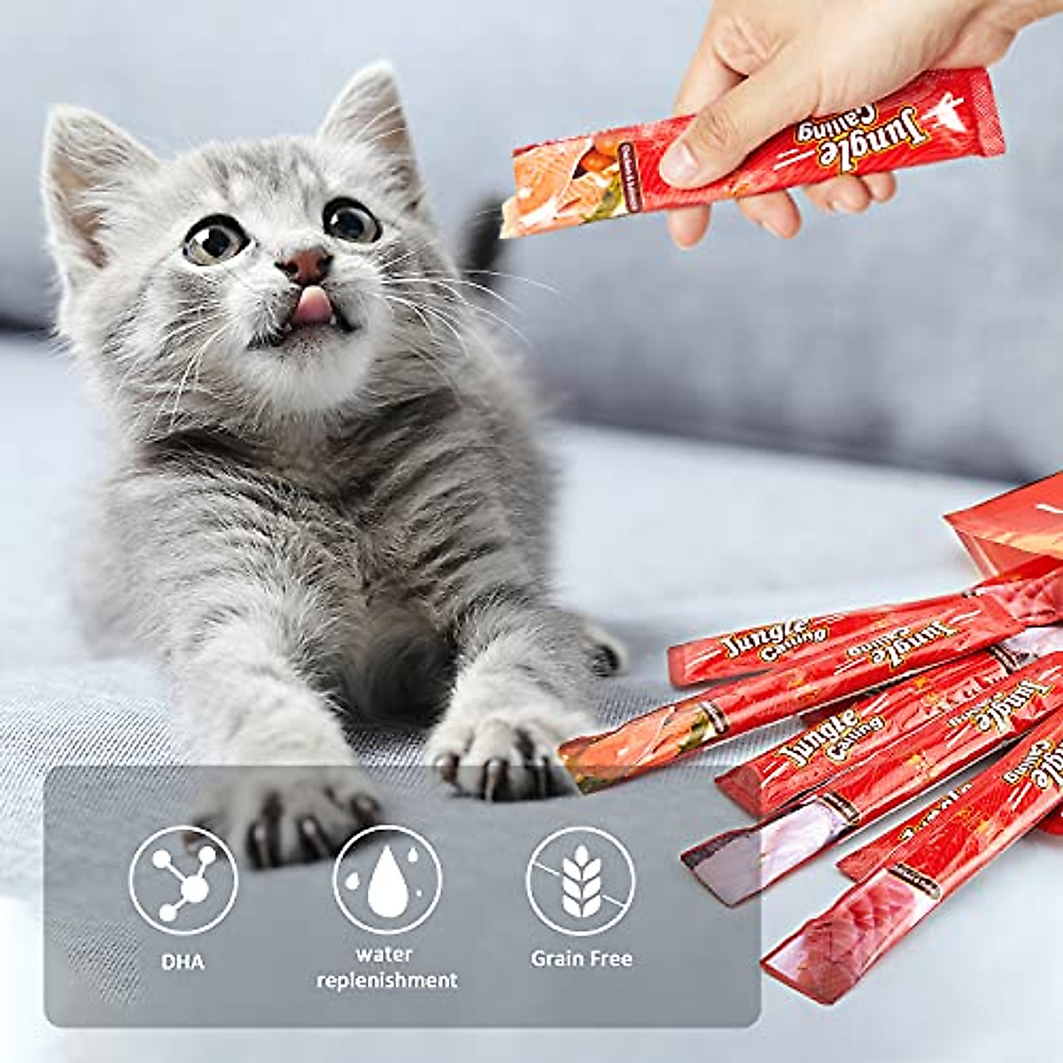 Jungle Calling Lickable Wet Cat Treats, Grain-Free, Squeezable Creamy Cat Treats for Adult & Senior Cats, 0.5 Ounces in Each 18 Tubes, 3 Flavor Variety