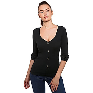 AmélieBoutik Women V Neck Long Sleeve Button Embellished Pullover Sweater (Black Medium)