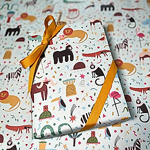 Party Safari Animals Birthday Gift Wrap by Revel—Safari Animal Wrapping Paper Folded flat, 27 x 39 inches for Birthdays and Baby Showers with Lions, Giraffes, Gorillas, Snakes, Zebras, Flamingos, Rhinos, Ant Eaters and Monkeys