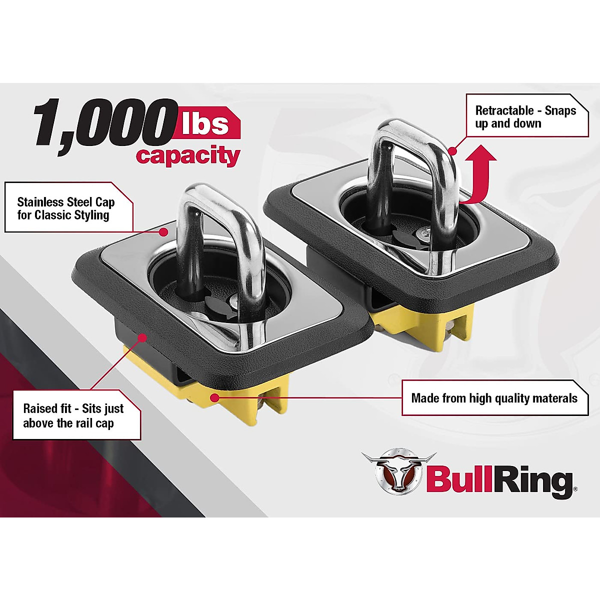 Bull Ring Retractable Truck Bed Tie Down Anchors, 98-12 Ford Ranger, 98-14 F150, 98-16 F250 & F350 Super Duty, 99-13 Silverado, 99-13 Sierra 1500 2500 & 3500, 95-18 RAM 1500 2500 & 3500 (1 Pair)