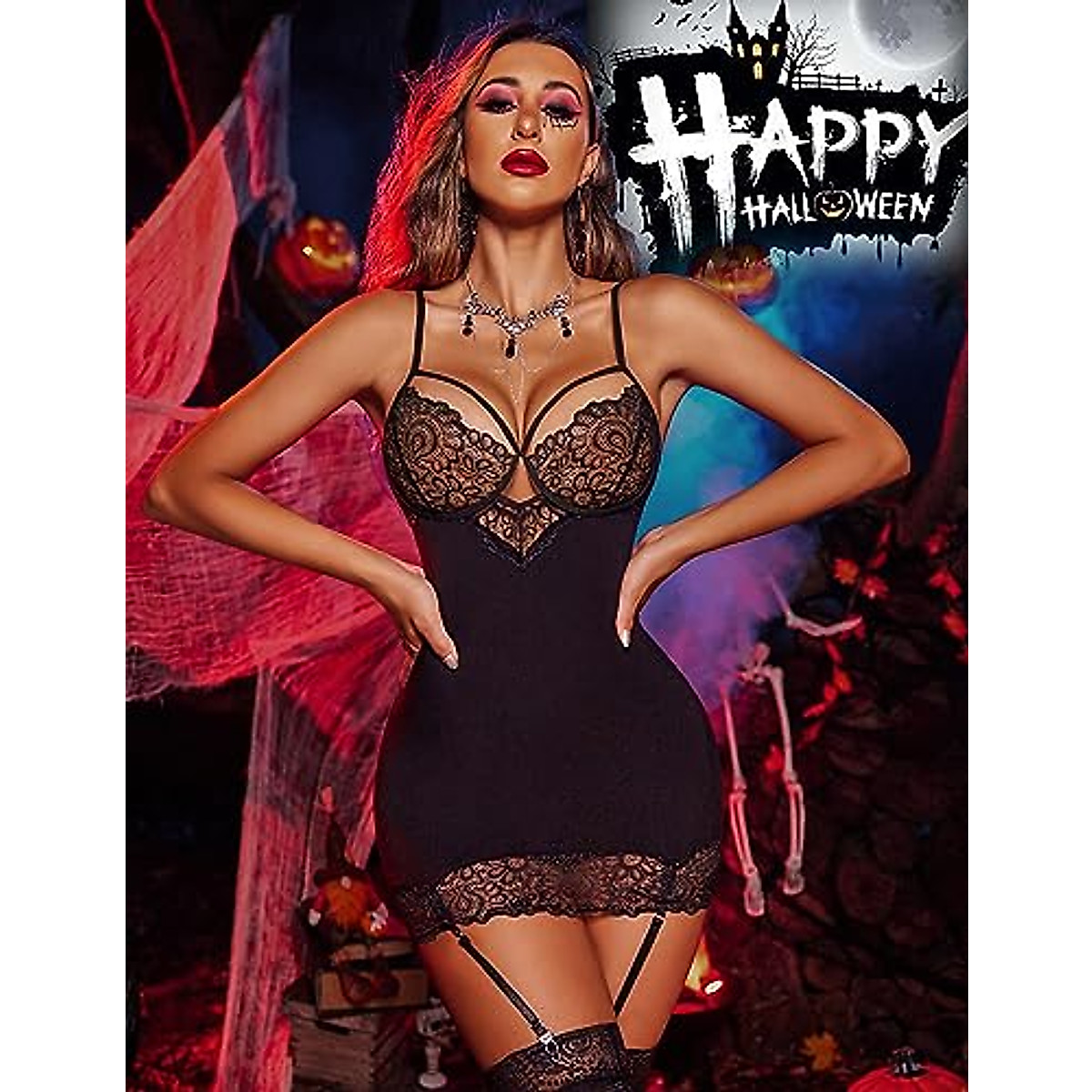 Avidlove Women Lingerie Teddy Bodysuit with Garter Belt Lace Babydoll Full Slips No Stockings (Black1, Large)