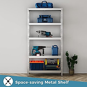 Giantex 4 Pcs 5-Tier Storage Shelves, 39 x 16 x 77 Inch Adjustable Steel Storage Rack with Foot Pads, 2866 LBS Load Capacity,Bolt-Free Installation Hevy Duty Garage Shelving for Warehouse, Silver