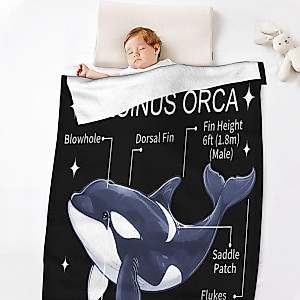 Whale Blanket, Orca Gifts for Kids, Anatomy of Whale Throw, Soft Flannel Plush Fish Blankets for Bedroom Sofa Ocean Themed Decoration, 50 "x 40" S for Kids