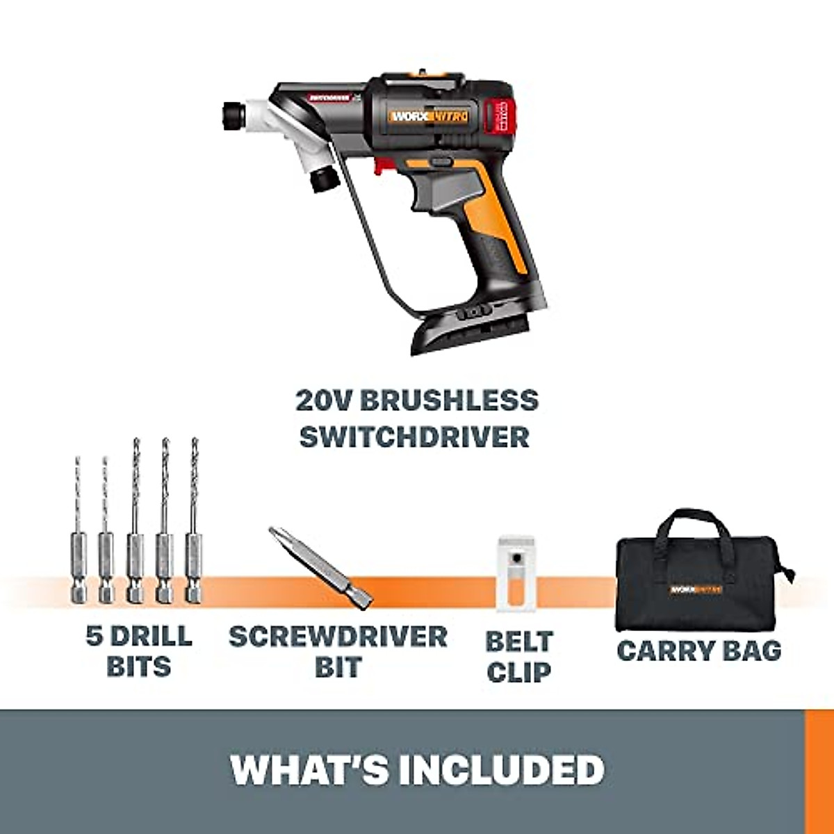 Worx Nitro 20V SwitchDriver 2.0, 2-in-1 Brushless Cordless Drill Driver, 2-in-1 Drill Set Rotatable Dual 1/4" Chucks, Compact Cordless Drill with Digital Torque Setting WX177L.9 – (Tool Only)