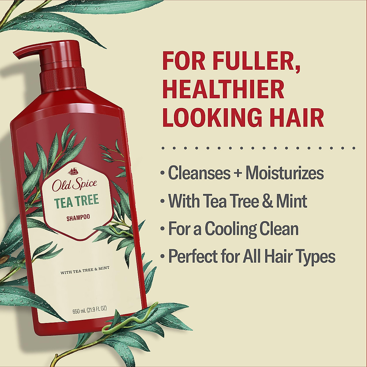 Old Spice Tea Tree Shampoo for Men, Cooling Shampoo with Tea Tree, Removes Built Up Dirt and Oil, 21.9 Oz Each, Twin Pack