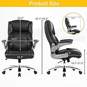 Ergonomic Big and Tall Office Chair Heavy Duty 400lbs Adjustable Rolling Swivel Desk Chair Pu Leather Executive Task Work Chair High Back Tilt Computer Chair w/Flip-up Armrest & Lumbar Support, Black