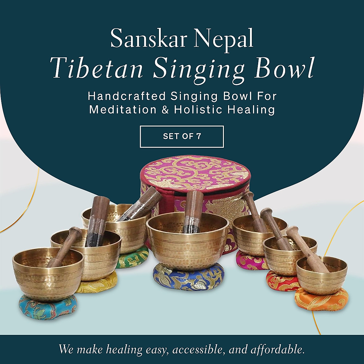 Sanskar Nepal - Tibetan Singing Bowl Set of 7, Handcrafted Singing Bowl for Meditation & Holistic Healing, Yoga Accessories, 3-5” Gold Singing Bowls with Wooden Striker, Cushion & Purple Carry Box