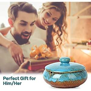 RONXS Ashtray, Outdoor Ash tray for Patio with Lid, Windproof Ashtrays for Cigarettes, Handmade Ceramic Ashtray for Home Office Indoor Decoration