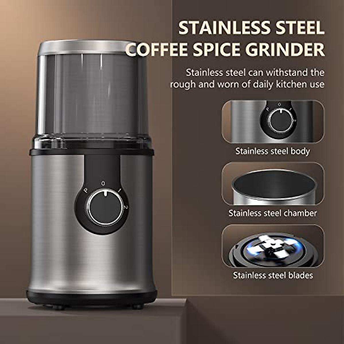 Electric Coffee Grinder with 1 Removable Cup, Adjustable Coffee Bean Grinder for Beans, Spice, Herb, Nut, Flax Seed, 300W Powerful Electric Spice Grinder with Non-Slip Feet, Clear Lid, Stainless Steel
