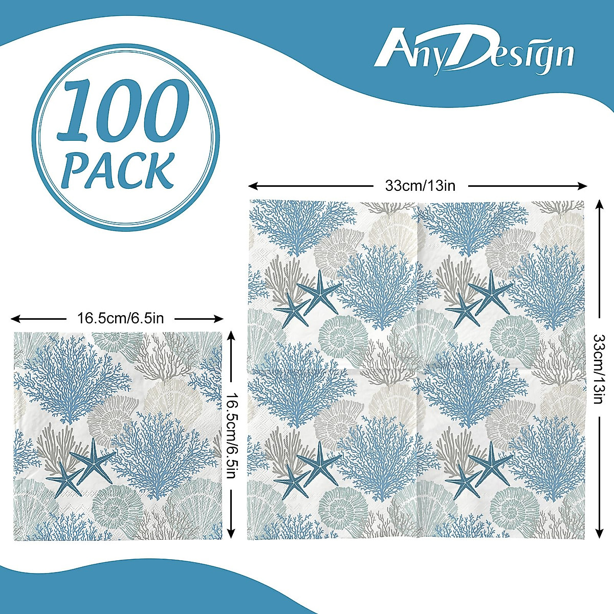 AnyDesign 100Pcs Ocean Paper Napkins Disposable Starfish Seashell Coral Luncheon Napkins 6.5 x 6.5 Inch Sea Theme Dessert Dinner Hand Napkins for Tropical Summer Wedding Bridal Shower Birthday
