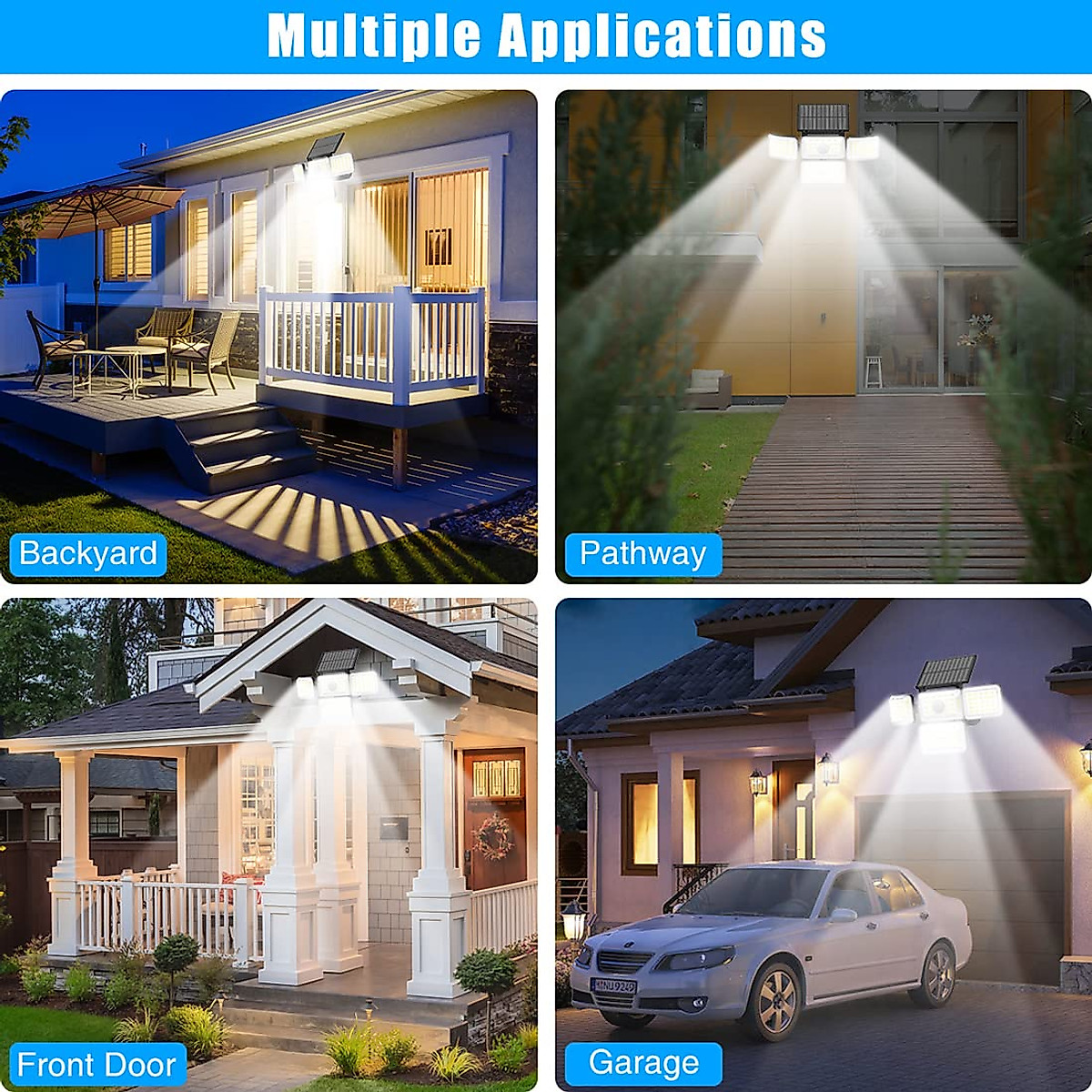 Solar Lights Outdoor, 250 LED 2500LM Security Motion Sensor Flood Light with 4 Adjustable Heads, IP67 Waterproof, 3 Modes & 300° Wide Angle Smart Outside Wall Light for Garden Pathway Garage, 2 Pack