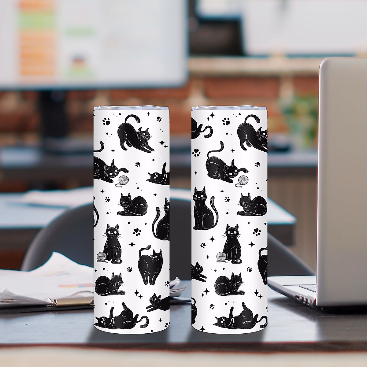 MoYueno Cat Mugs for Cat Lovers, 20oz Slim Black Kitty Tumbler with Lid & Straw & Brush, Kitty Coffee Mugs for Animal Lovers, Animal Gift for Birthday