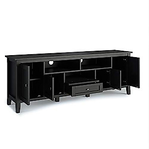 SIMPLIHOME Warm Shaker Style Solid Wood TV Media Stand, 72 inch Wide, Farmhouse Rustic, Living Room Entertainment Center, Storage Shelves and Cabinets, for Flat Screen TVs up to 80 inches in Black