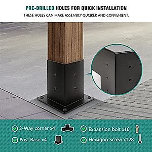 Kinchoix Pergola Brackets, 4 Pack Woodworks Pergola Kit 3-Way Right Angle Corner Bracket with Pergola Post Base for 4x4'' (Actual: 3.5x3.5'') Wood Beams Elevated Wood Stand Kit Pergola/Gazebo Kit