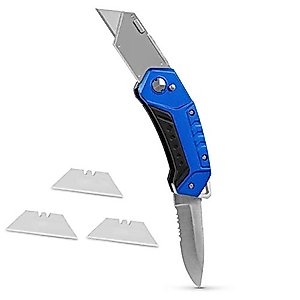 BirdRock Home Premium Folding Utility Knife with Sport Blade – Small Compact Pocket – Folding Box Cutter Tool – 3 Extra Razor Blades – Cut Cardboard Boxes – Locking Safety Knife Set – Heavy Duty