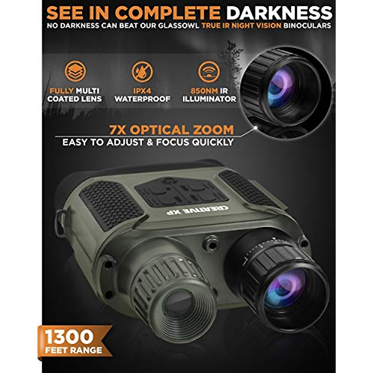 CREATIVE XP Night Vision Goggles - GlassCondor Pro - Digital Military Binoculars w/Infrared Lens, Tactical Gear for Hunting & Security, Green