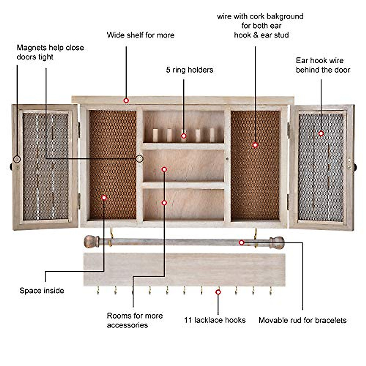 X-cosrack Rustic Hanging Jewelry Organizer,Wall Mounted Mesh Jewelry Holder,for Necklaces,Earings, Bracelets,Ring Holder,with Removable Bracelet Rod,Hooks,Wooden Barndoor Decor
