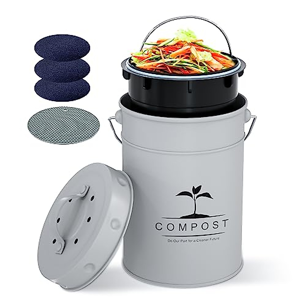NOVTEKE Compost Bucket for Kitchen Countertop - 1.0 Gallon Kitchen Coffee Grounds Compost Bin Countertop with Liner Bucket and Charcoal Filter Lid, Compost Pail Container