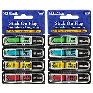 BAZIC Neon Page Markers Dispensers 0.5x1.7 Sign Here Neon Colored PET Arrow Flag Index Tabs, Page Bookmarks File Tab (100 Flags/Pack), 2-Packs