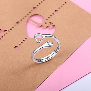 ACJFA I Love You Forever Love Heart Hug Ring Sterling Silver Women Mother Gift Sister Gifts Hugging Hands Adjustable Wrap Open Rings Friendship Jewelry Gift(Always my daughter forever my friend)