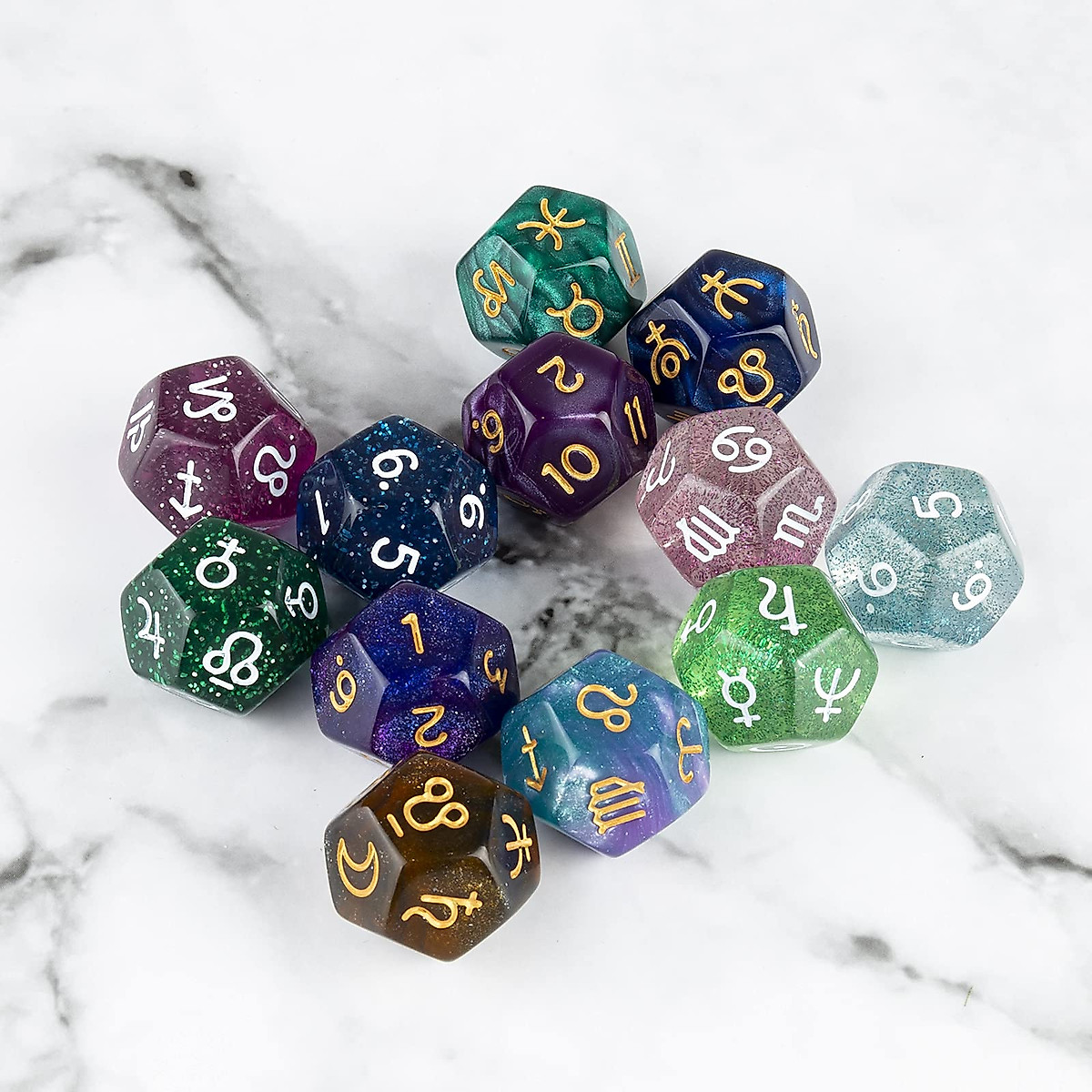 12 PCS Tarot Cards Dice D12 Astrological Dice Resin Pearl Constellation Sign 12-Sided Dice for Astro Divination Gaming Accessory