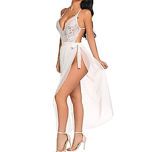 Avidlove Women Lingerie Sexy Nightgown 2 pieces Set Bridal Lingerie Lace Teddy Sheer Wrap Skirt White Medium
