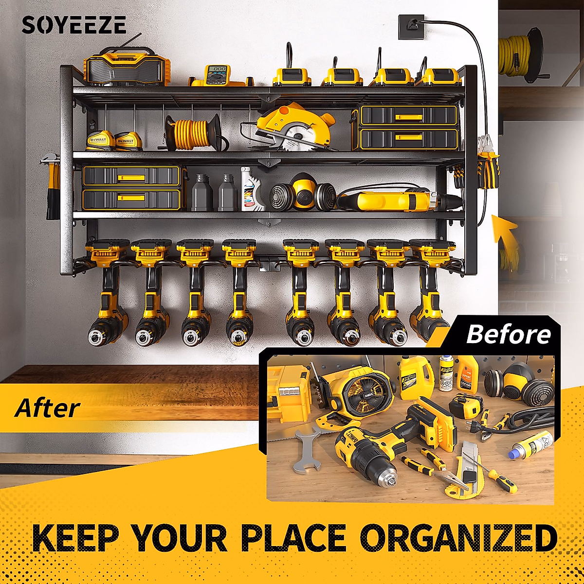 SOYEEZE Power Tool Organizer with Charging Station and 8 Outlets Power Strips,8 Drill Holders 4 Layer Garage Storage Wall Mount,Premium Utility Tool Rack & Shelf, Husband gifts