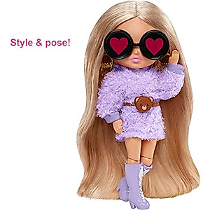 Barbie Extra Minis Doll #4 (5.5 in) Wearing Fluffy Purple Fashion, with Doll Stand & Accessories Including Teddy Ears and Sunglasses, Gift for Kids 3 Years Old & Up​