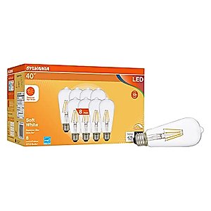 Sylvania Reduced Eye Strain ST19 LED Light Bulb, 40W = 5W, 13 Year, Dimmable, Clear, 2700K, Soft White - 8 Pack (41235)