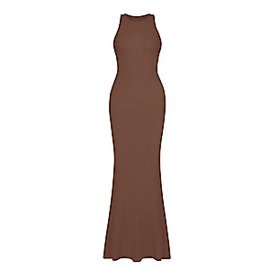 REORIA Women's Summer Sexy Casual Lounge Tank Long Dress Elegant Wedding Guest Sleeveless Halter Neck Bodycon Maxi Dresses Coffee Medium