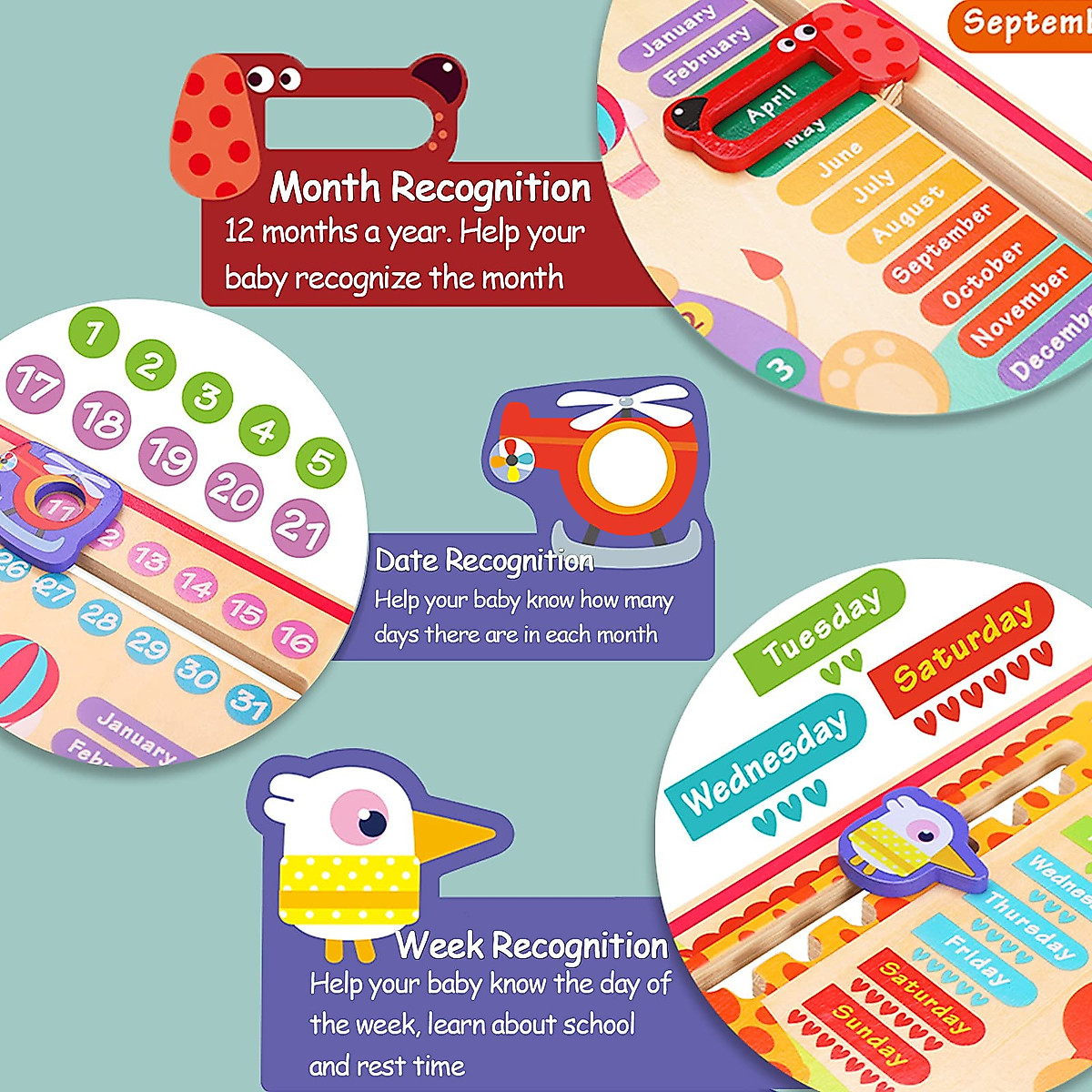 Wooden Montessori Toddler Learning Clock, Telling Time Teaching Clock & Time Calendar Cognitive Board, Preschool Learning Educational Toys for 3+ Years Old Boys and Girls