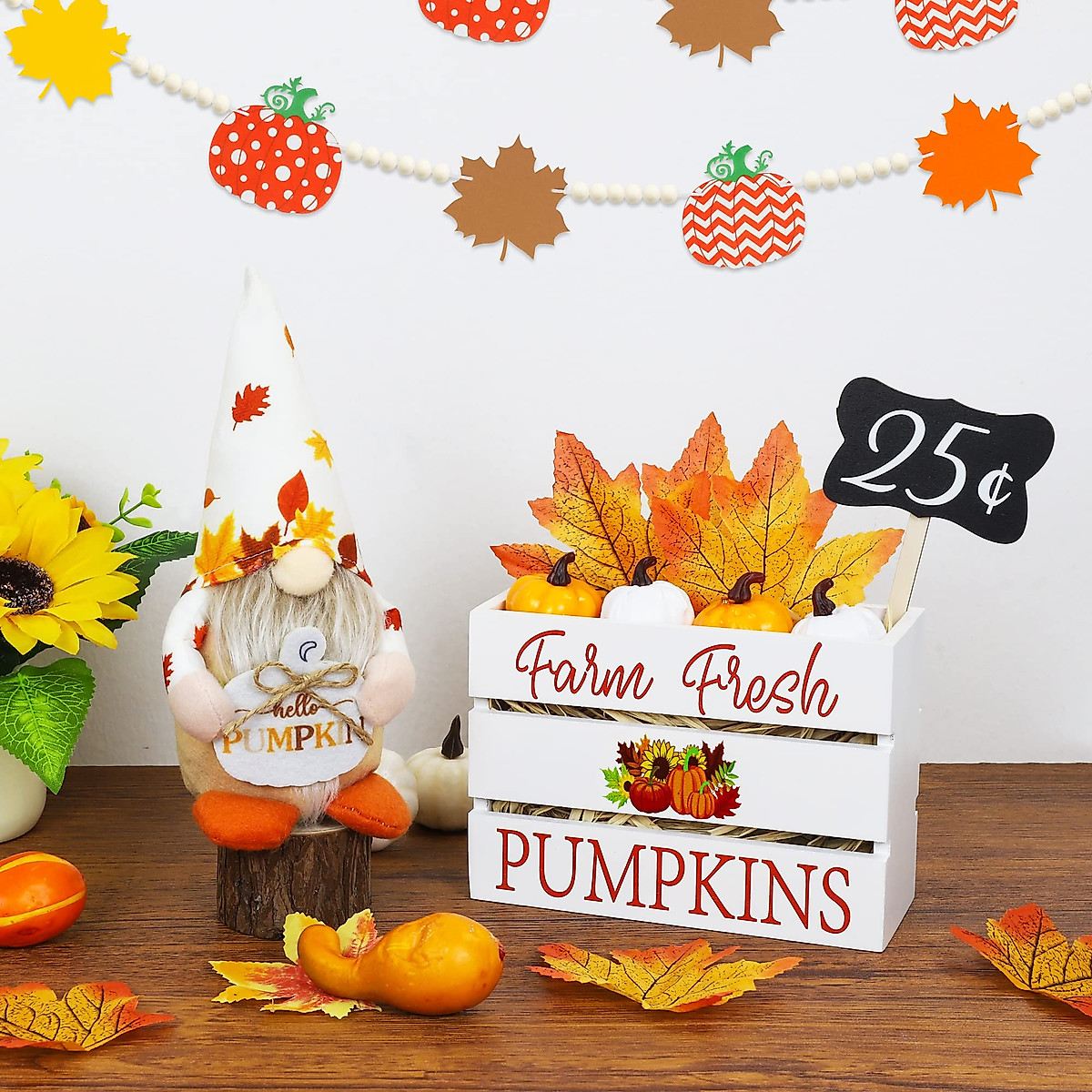 Fall Decorations for Home Indoor, Fall Thanksgiving Table Decor - Wooden Crate with 1 Fall Gnome Plush, 4 Mini Foam Pumpkins & 6 Fall Leaves, Farmhouse Fall Kitchen Tiered Tray Decor Mantle Shelf Desk