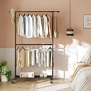 YATINEY Clothes Rack, Double Rod Garment Rack, Clothing Rack with Wheel, Rolling Clothes Rack for Hanging Clothes, Metal Frame, Adjustable Middle Rod, Heavy-Duty Commercial Display, Black GR49BB