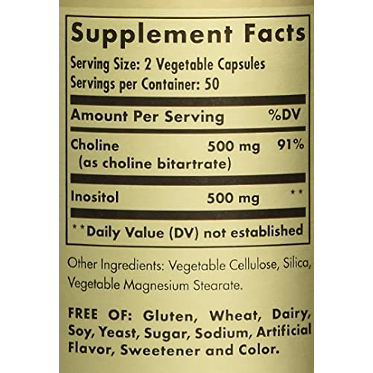 Solgar Choline/inositol 500 Mg/500 Mg, 100 Vegetable Capsules - 50 Servings, 100 Count (Pack of 12)