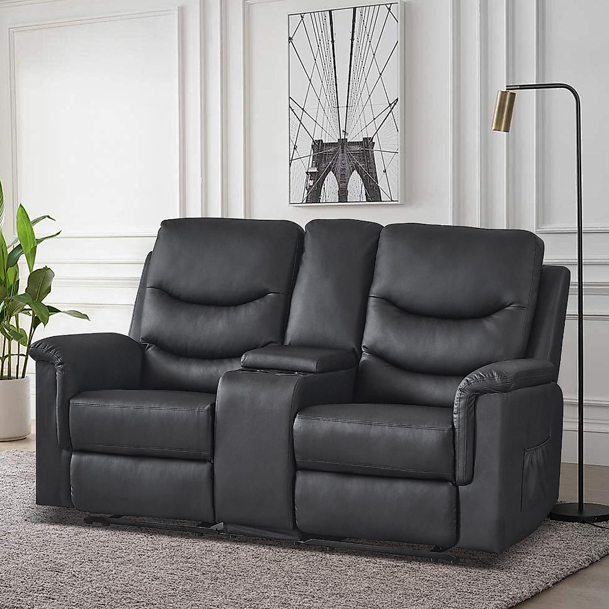 Consofa RV Recliner Loveseat, Reclining Loveseat with Console, Faux Leather Manual Recliner Loveseat, Wall Hugger Loveseat Recliner with Cup Holder and Side Pocket for Living Room