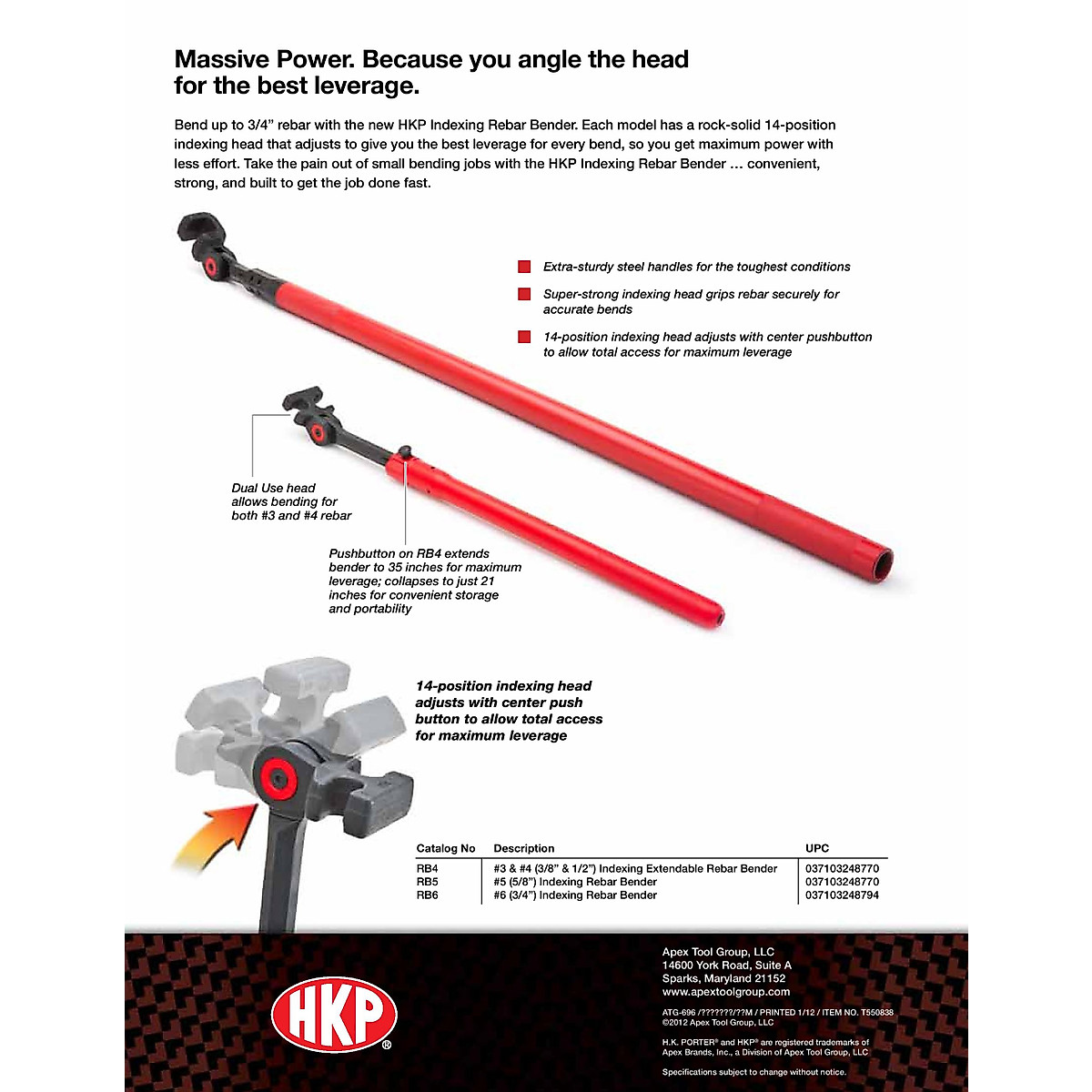 Crescent H.K. Porter 3/8" (3) and 1/2" (4) Extendable Indexing Rebar Bender, RB4, Red/Black