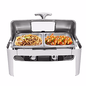 BANLICALI 2 Pan Chafing Dish, Stainless Steel Roll Top Chafing Dish Buffet Set, 9L/9.5QT Commercial Chafer Chafers Catering Rolling Buffet Servers with Warmers for Party Hotels Silver 400W 110V