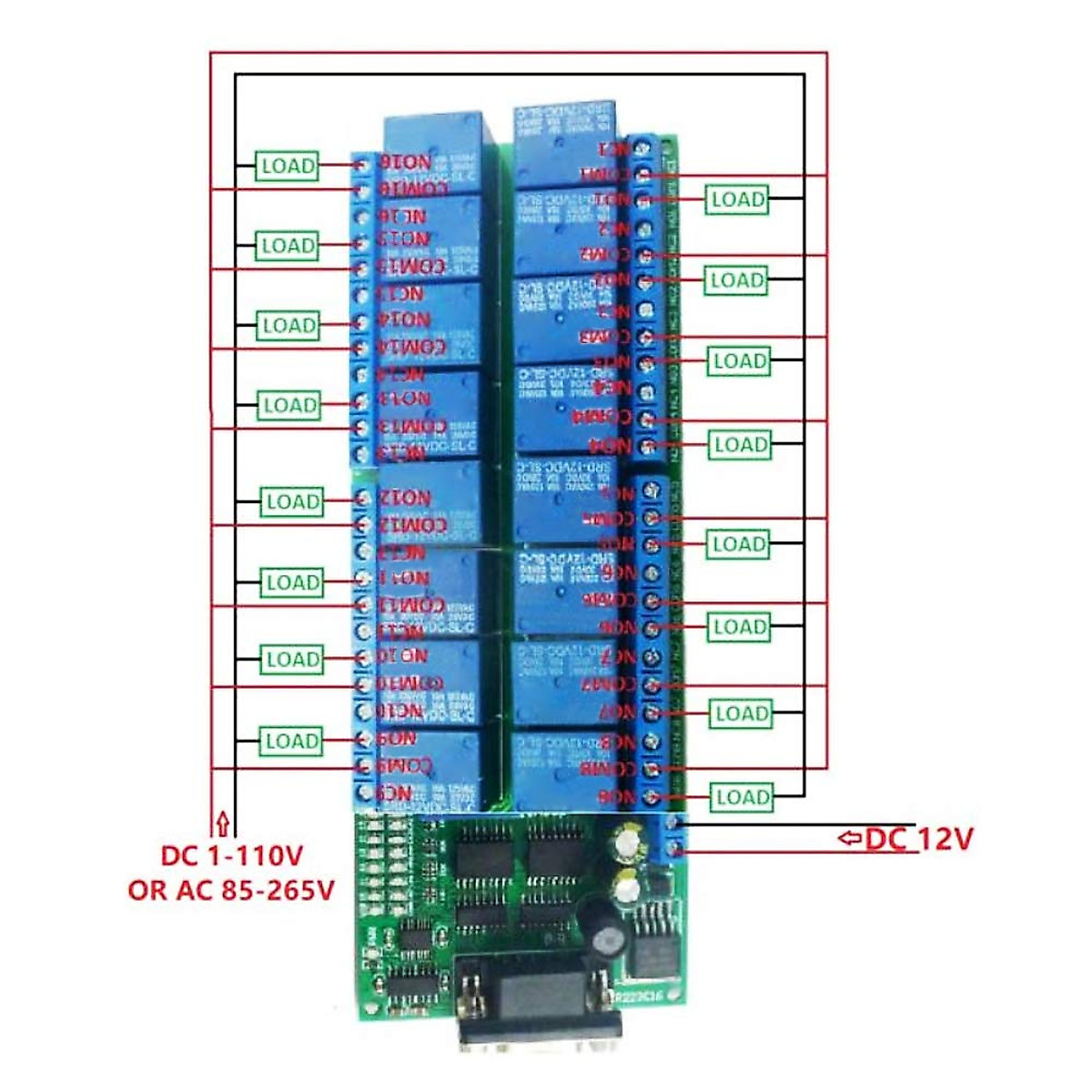 Jeanoko RS232 DB9 Female Interface 16-Channel Relay Board Serial Port Smart Module 8 Working Modes Relay Module for Automation Control