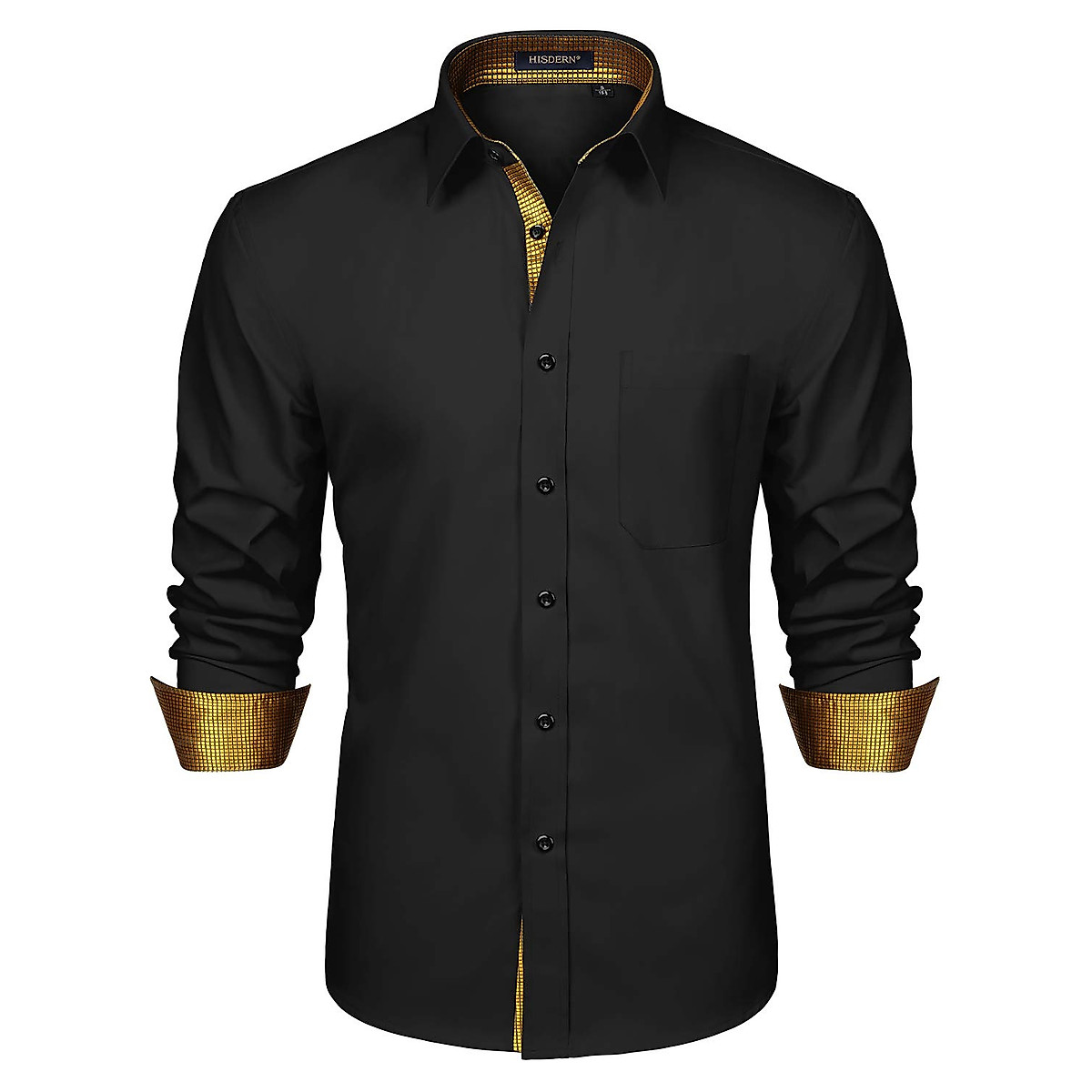 HISDERN Mens Black Dress Shirts Long Sleeve Casual Formal Button Down Shirt for Men Black Gold Plaid Inner Contrast Button Up Club Shirt