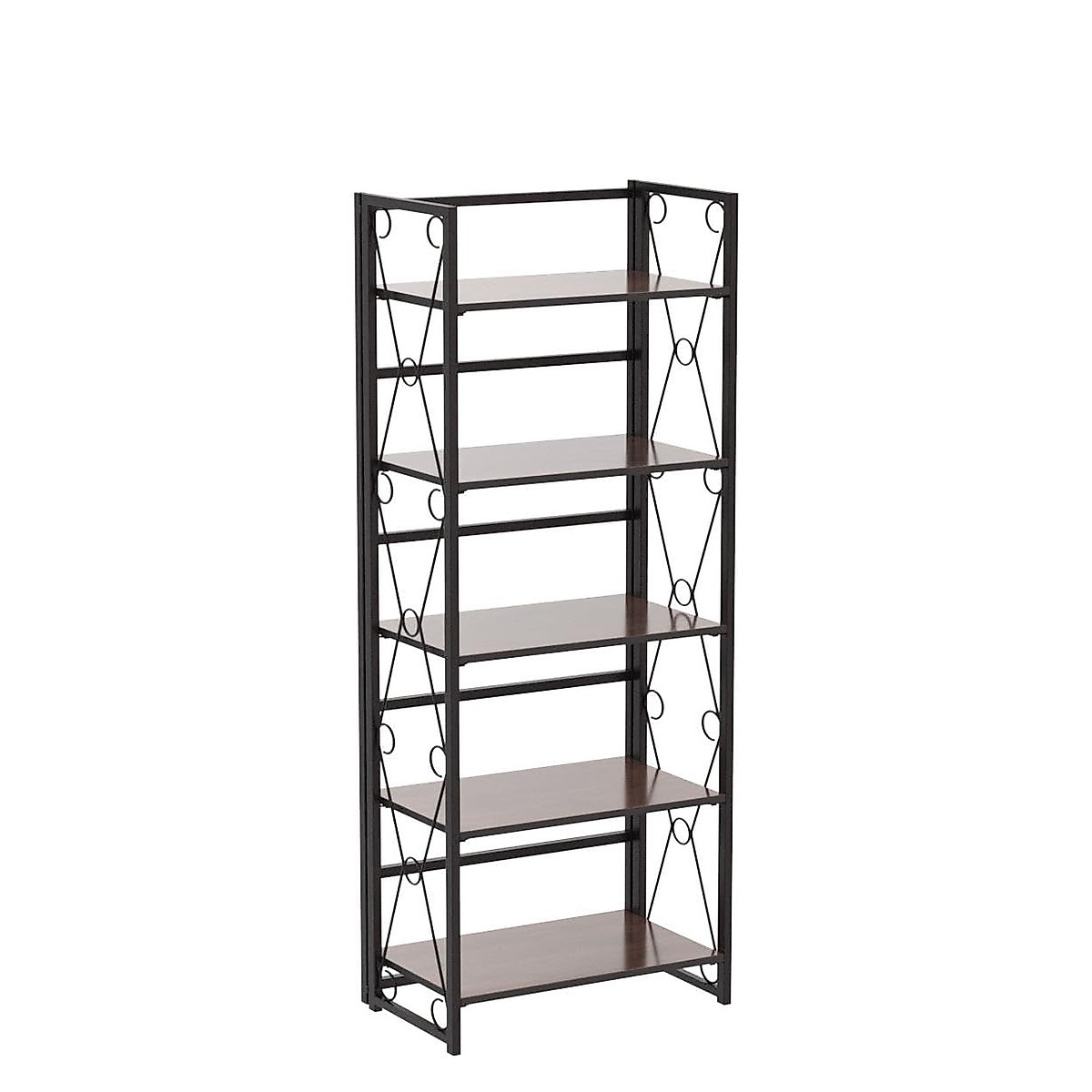 VECELO Bookshelf No Assembly, 5 Shelf Folding Bookcase, Book Shelves Organizer for Living Room, Bedroom, Kitchen, Office, Industrial Metal Frame, Walut, 1 Set