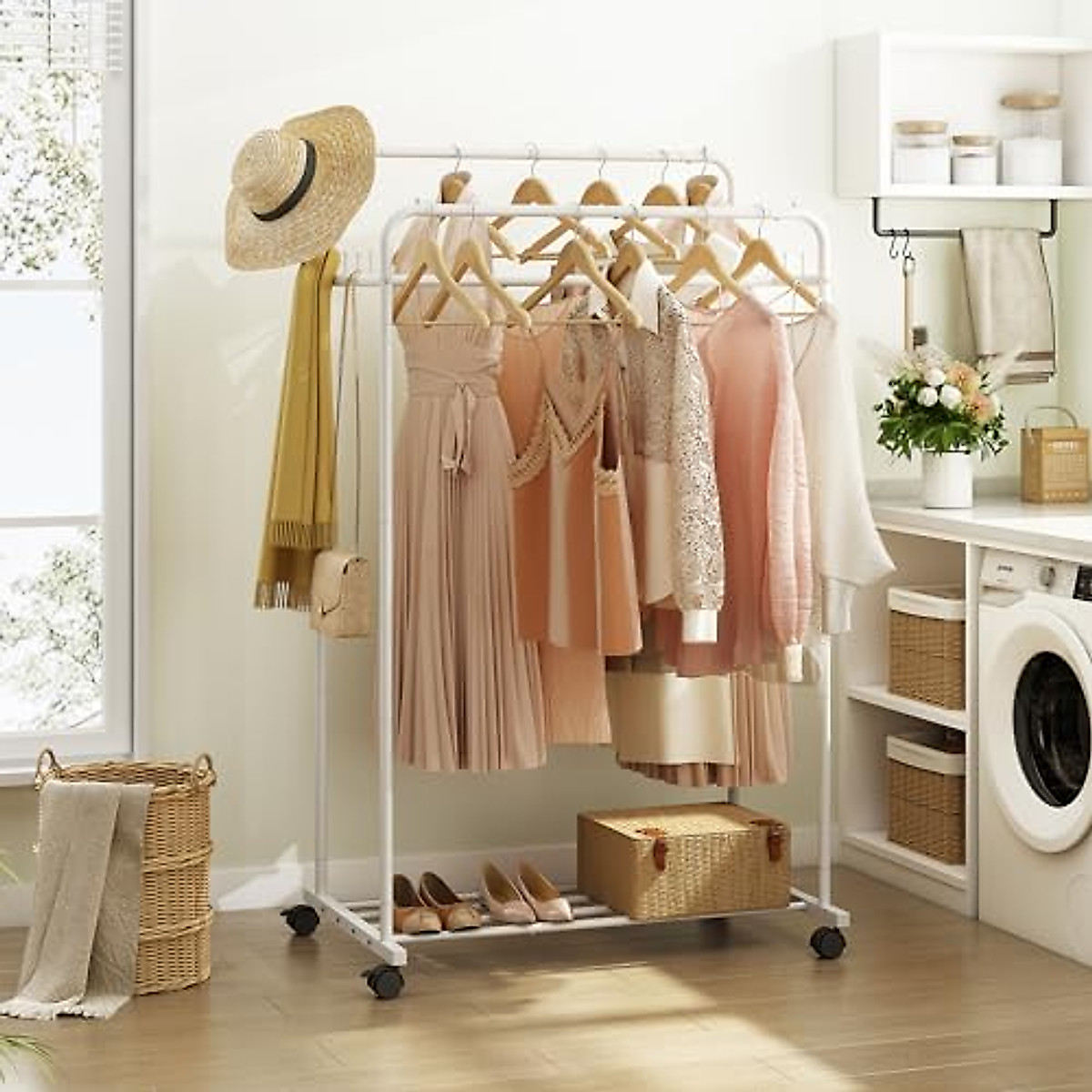 Hoctieon Double Rod Clothes Rack, 2 IN 1 Clothing Rack with Shelves and Wheels for Easy Mobility, Multi-functional Bedroom Garment Rack with 8 Hooks, White