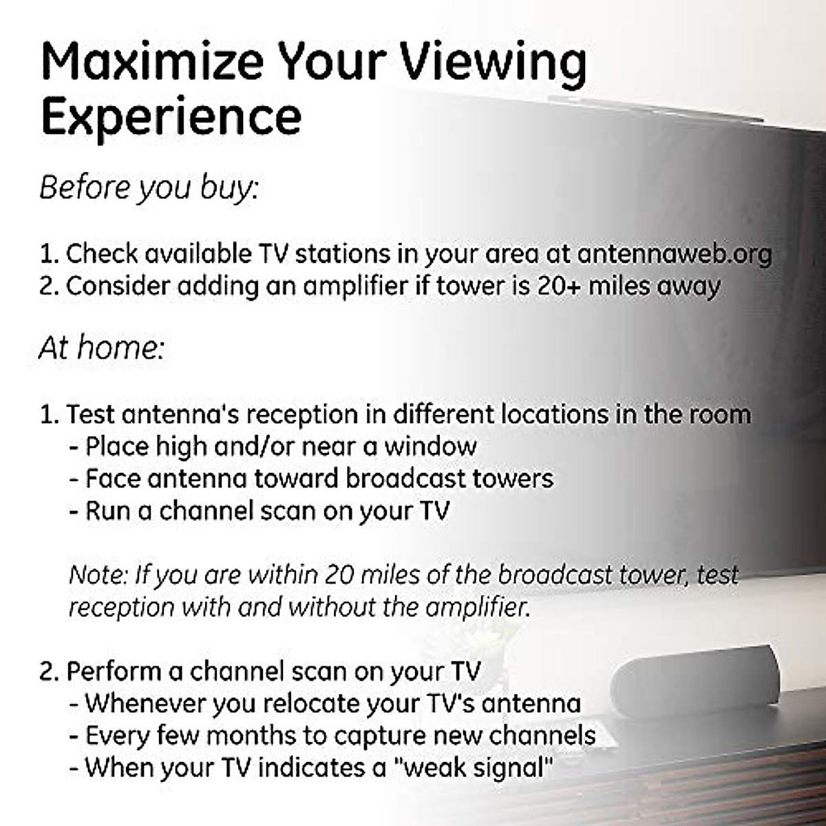 GE Amplified HD Digital TV Antenna, Long Range Smart TV Antenna, Easy Mount on Top of TV Design, Supports 4K 1080P HDTV VHF UHF, Indoor Amplified Signal Booster, 5ft Coax HDTV Cable/AC Adapter, 37075