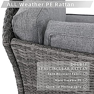 UDPATIO 8 Piece Outdoor Patio Furniture Sets with Gas Fire Pit Table Propane 44 Inch Glass Top, Grey Outdoor Sectional Couch Wicker Patio Conversation Set PE Rattan Sofa w/Table for Garden Grey