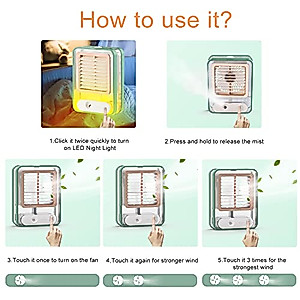 Small Desk Fan with Mist Spray,LED Night Light,Electric Battery Operated Water Misting Fan,USB Rechargeable Portable Quiet Mini Desktop Table Cooling Fan for Office,Camping,Indoor,Outdoor (Green)