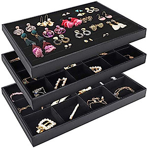 Mebbay Stackable Velvet Jewelry Trays Organizer, Jewelry Storage Display Trays with Full Artificial Leather Cover for Drawer, Earring Necklace Bracelet Ring Organizer, Set of 3 (Black)