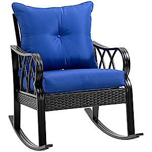 Outsunny Outdoor Wicker Rocking Chair with Padded Cushions, Aluminum Furniture Rattan Porch Rocker Chair w/Armrest for Garden, Patio, and Backyard, Blue