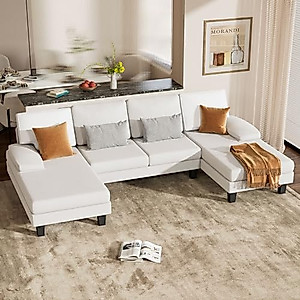 Shahoo Sectional Couch Living Room Sets Chenille Fabric U-Shaped Sofa with Double Chaises, White