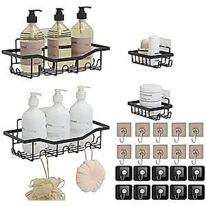 JIANGBAI 24-Pack,Shower Caddy Shelf Organizer Rack with Soap Dish Holder, Adhesive Shower Organizer No Drilling,Rack Wall Mounted Shower Shelves, Self Adhesive Hook (black)