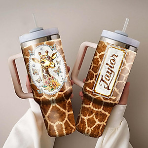 WAZONE Personalized Giraffe Lover Tumbler 40oz with Handle and Straw Custom Name Stainless Steel Insulated Travel Coffee Cup With Lid Cute Animal Lover Gifts For Women Girl on Birthday Christmas