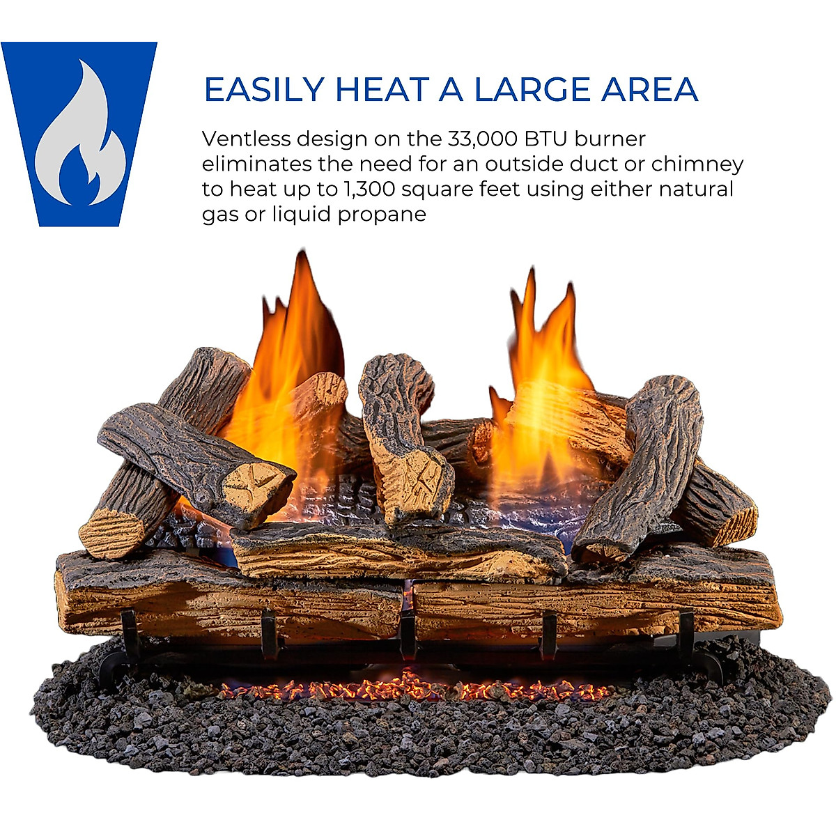 Duluth Forge DLS-24T-1 Dual Fuel Ventless Fireplace Logs Set with Thermostat, Use with Natural Gas or Liquid Propane, 33000 BTU, Heats up to 1100 Sq. Ft, Split Red Oak, 24 Inches